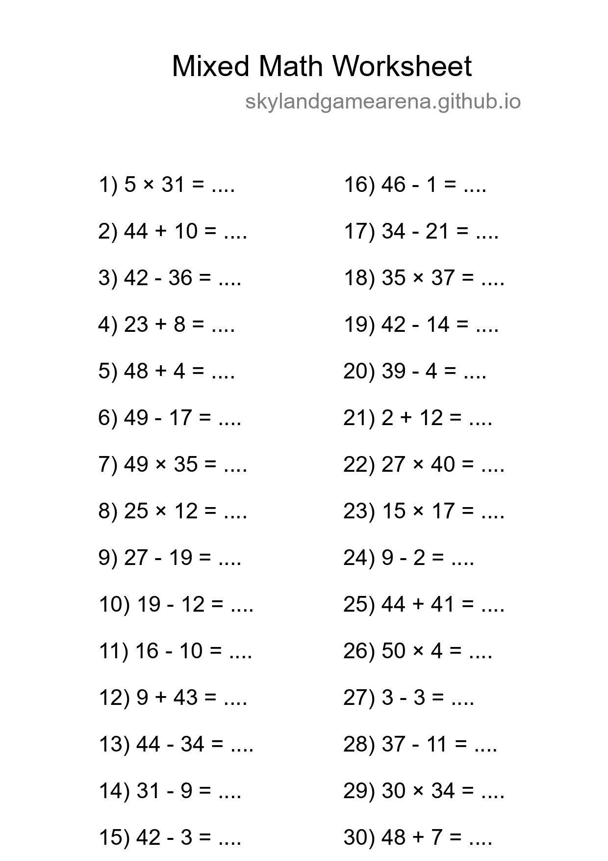 Free Printable Math Worksheets - skylandgamearena.github.io